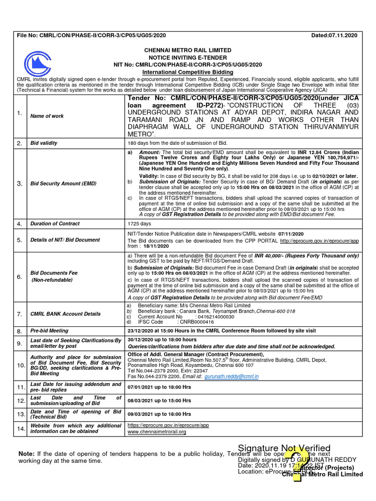 Tendernotice - 1 CHENNAI METRO | PDF