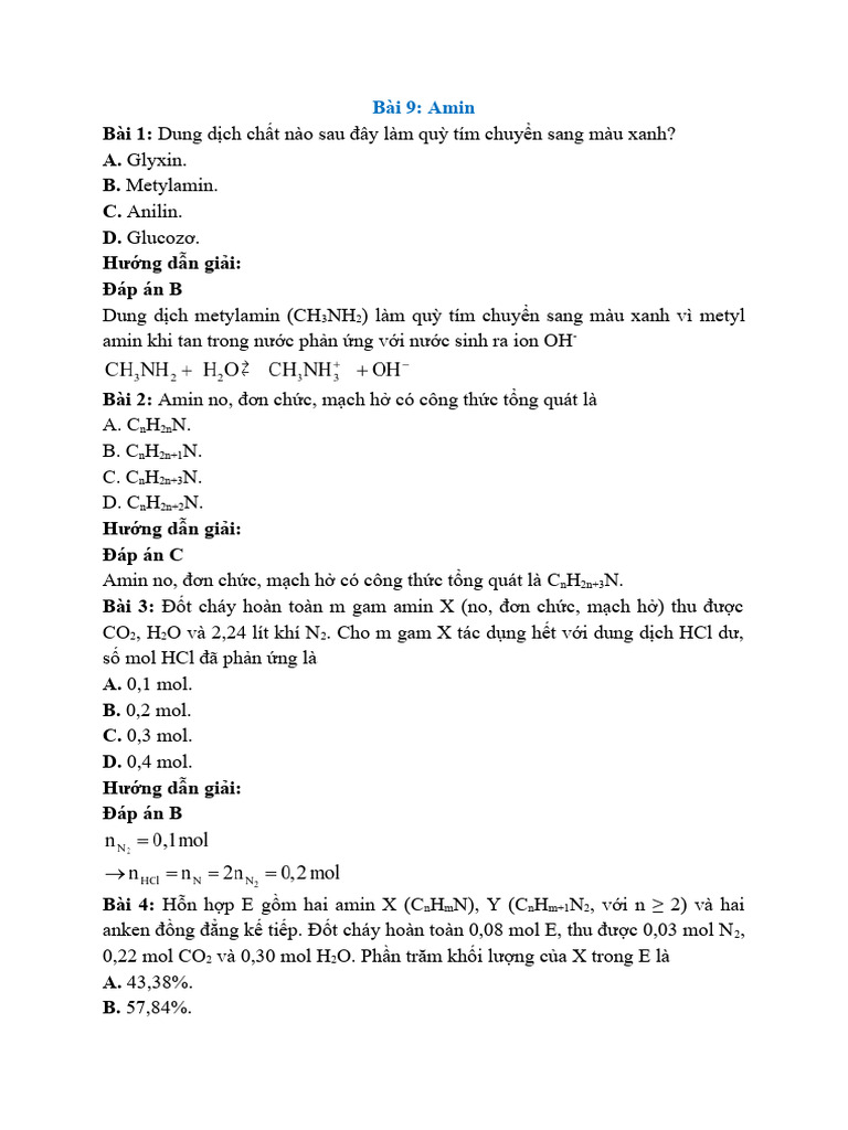 Trac Nghiem Amin Co Dap An Hoa Hoc Lop 12 | PDF