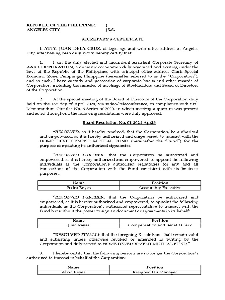 Secretary Certificate for Pag-IBIG Transactions | PDF | Justice | Crime ...