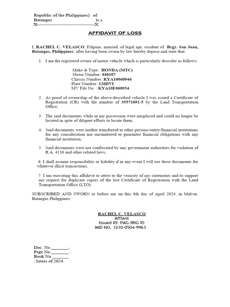 Affidavit-Of-Loss OR - CR MOtorcycle | PDF
