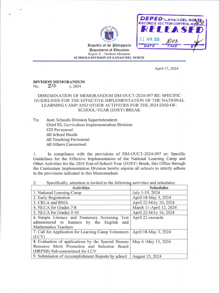 Dissemination of Memorandum DM Ouct 2024 097 Re Specific Guidelines For ...