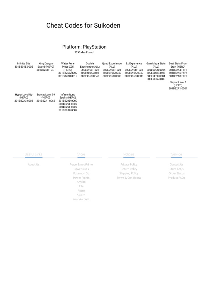 Cheat Codes For Suikoden On PlayStation - Codejunkies | PDF | Gaming | Video Game Consoles