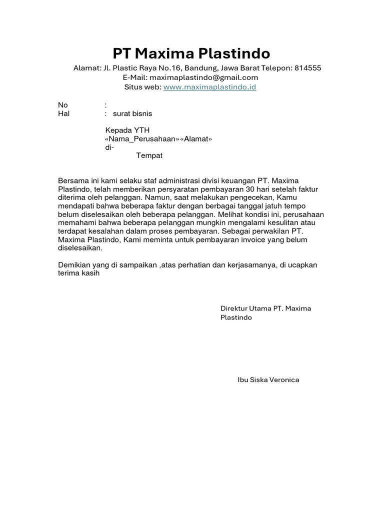 Penagihan Pembayaran Faktur PT Maxima Plastindo | PDF