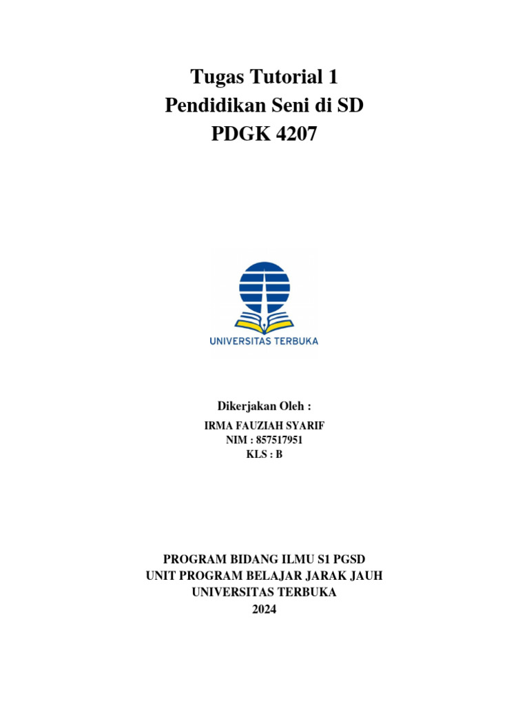 TT1 - Pendidikan Seni SD - 0857517951 - Irma Fauziah - Kls B | PDF