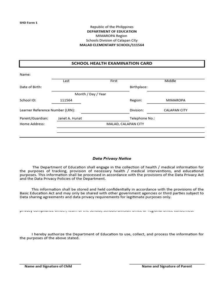 School Health Examination Card | PDF | Human Tooth | Dentist