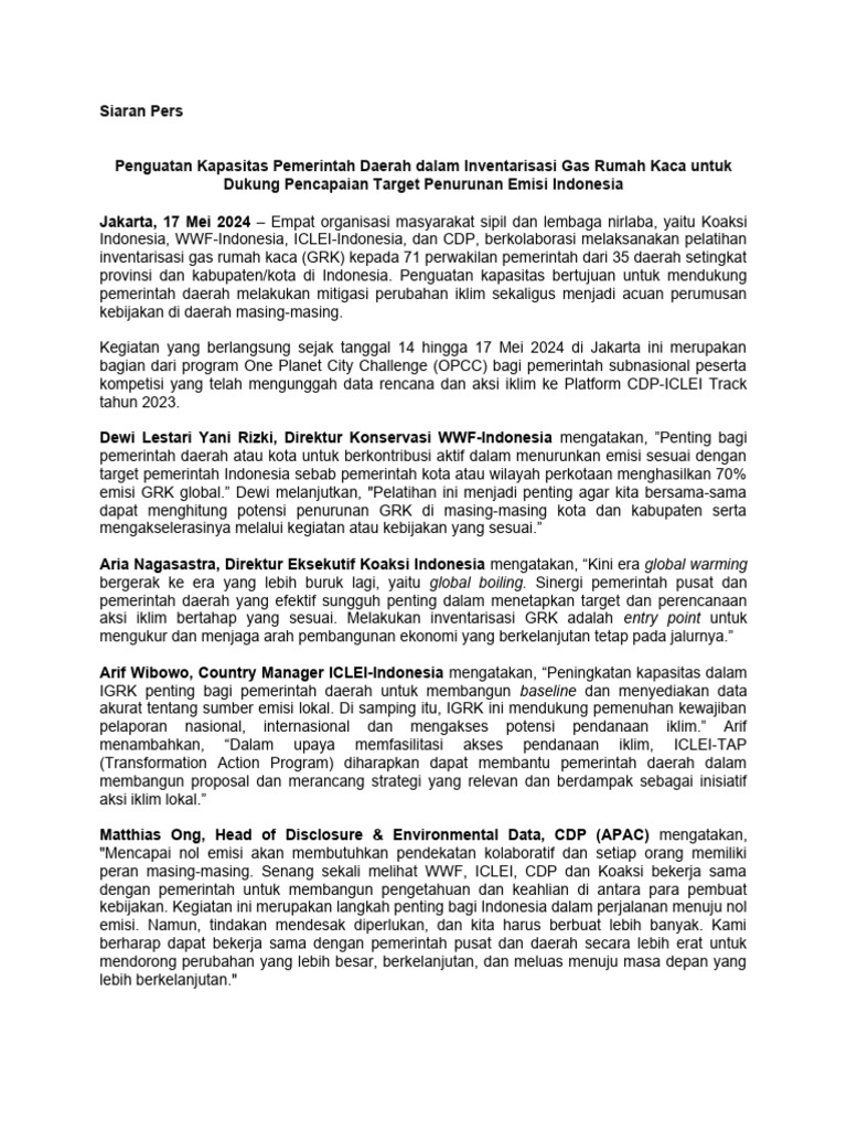 Siaran Pers - Pelatihan IGRK Kabupaten Dan Kota - Reviewed by CDP | PDF