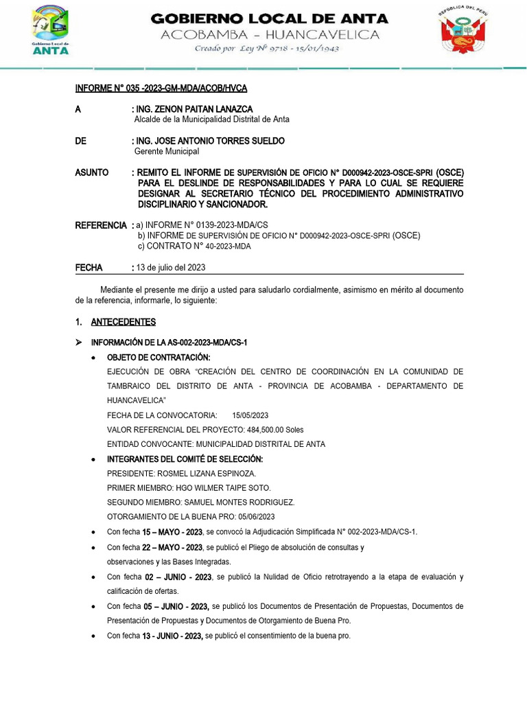 Informe #3225-2023 - Solicito Aprobación Del Plan de Trabajo Ceremonia Protocolar | PDF ...