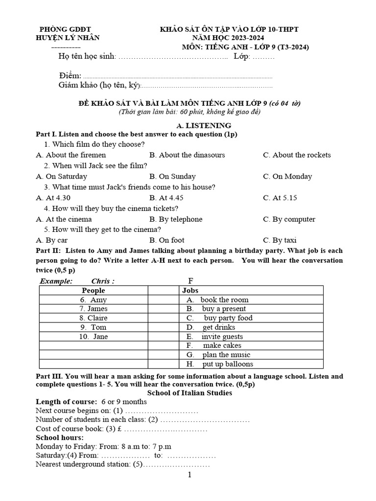 De KS Tiếng Anh T3-2024-lop9-PGD | PDF | English Language | Linguistics