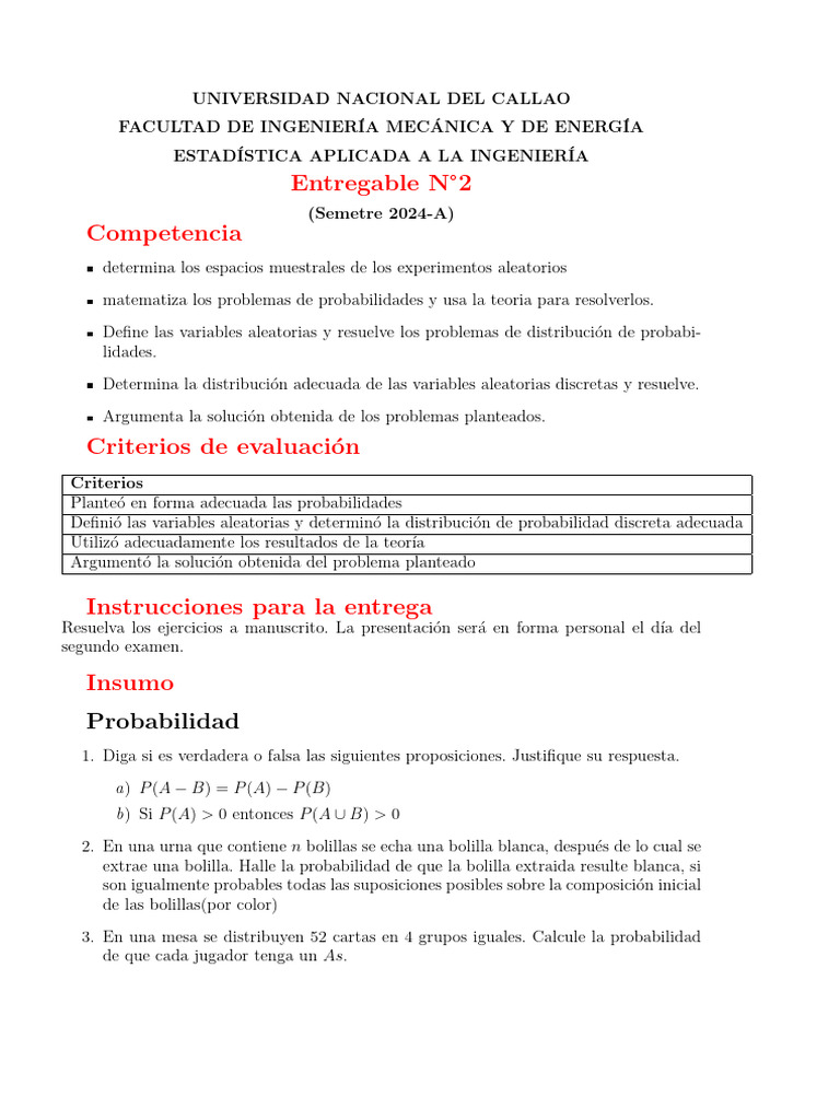 Entregable 2 2024 A Estadistica | Descargar gratis PDF | Probabilidad | Variable aleatoria