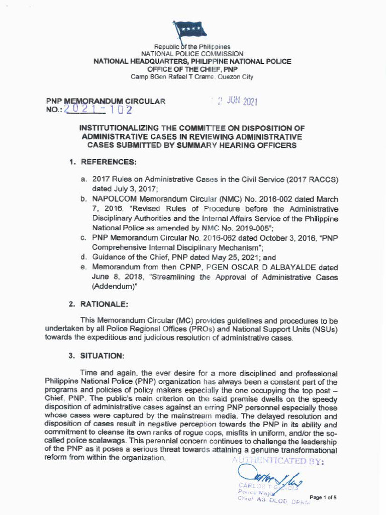 PNP Memorandum Circular No 2021 102 | PDF