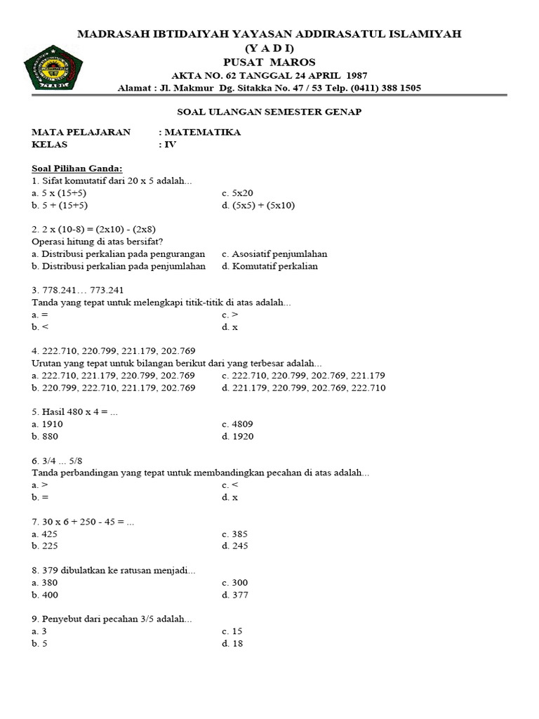 Soal Pat MTK Kelas Iv | PDF