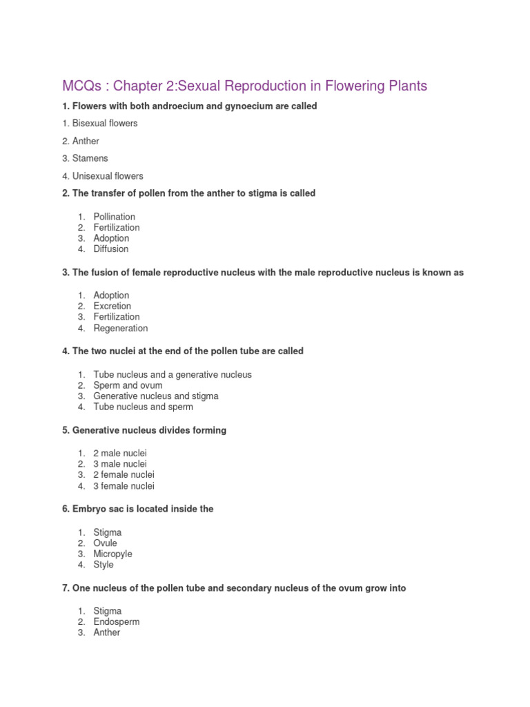 Sexual Reproduction in Flowering Plant Mcq-3 | PDF | Flowers ...