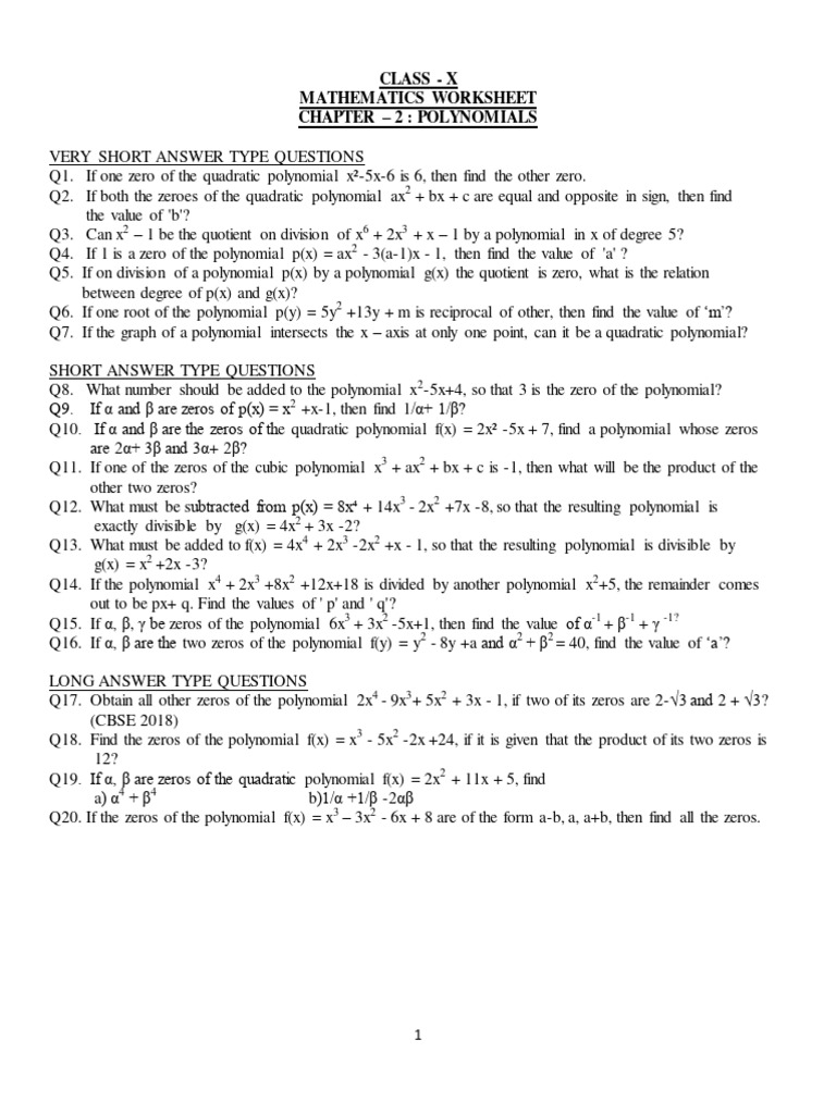 Class 10 Math: Polynomials Worksheet | PDF | Quadratic Equation | Polynomial