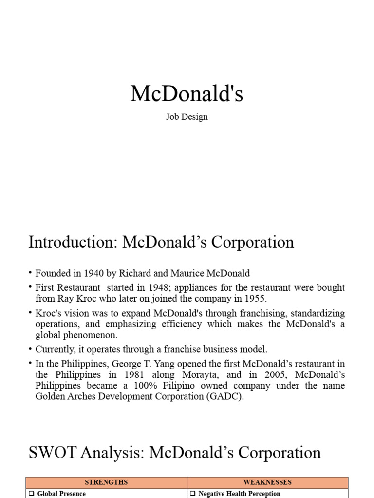 Job Design Presentation | PDF | Mc Donald's | Franchising