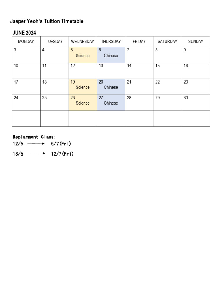 Jasper Yeoh's June 2024 Tuition Schedule | PDF