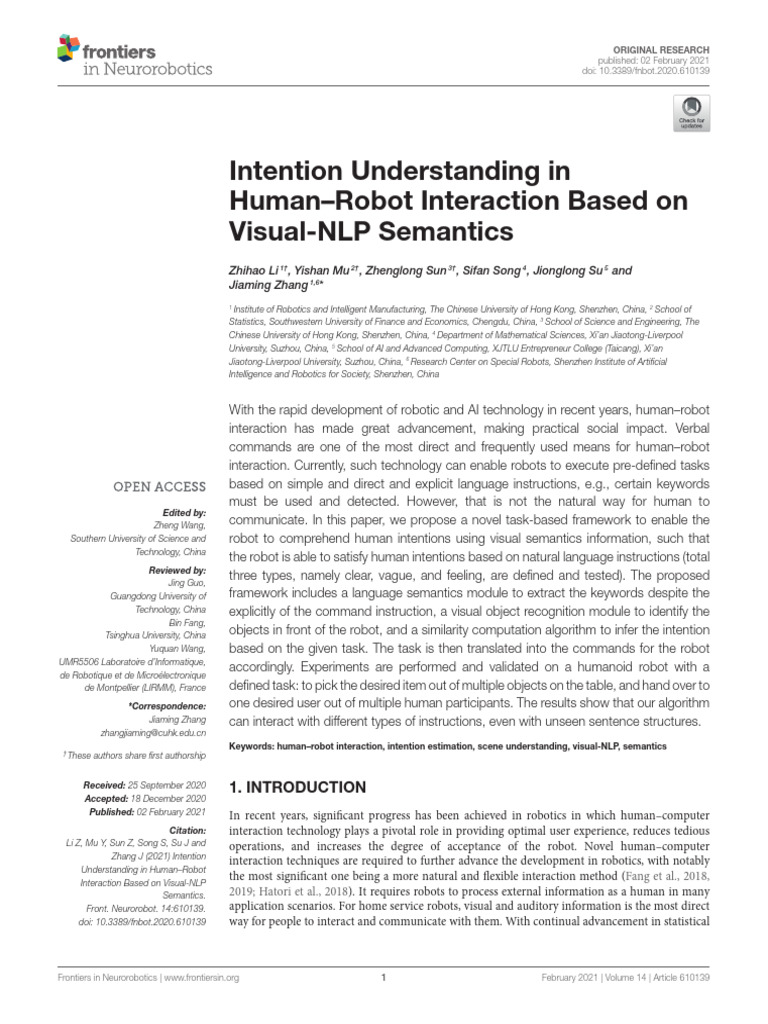 Intention Understanding in Human–Robot Interaction Based on Visual-NLP Semantics | PDF | Verb ...