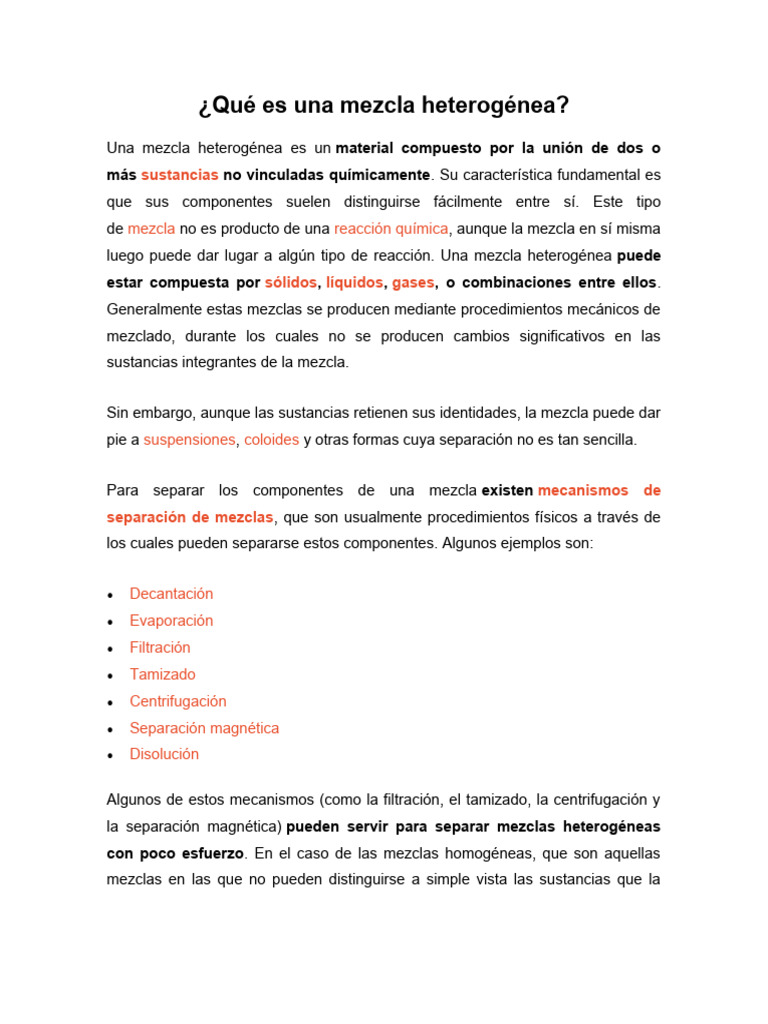 Definición de mezcla heterogénea | PDF | Mezcla | Química
