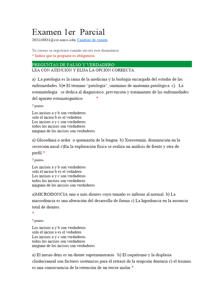 Examen 1er parcial-PATOESTOMATO | PDF | Boca | Especialidades Medicas