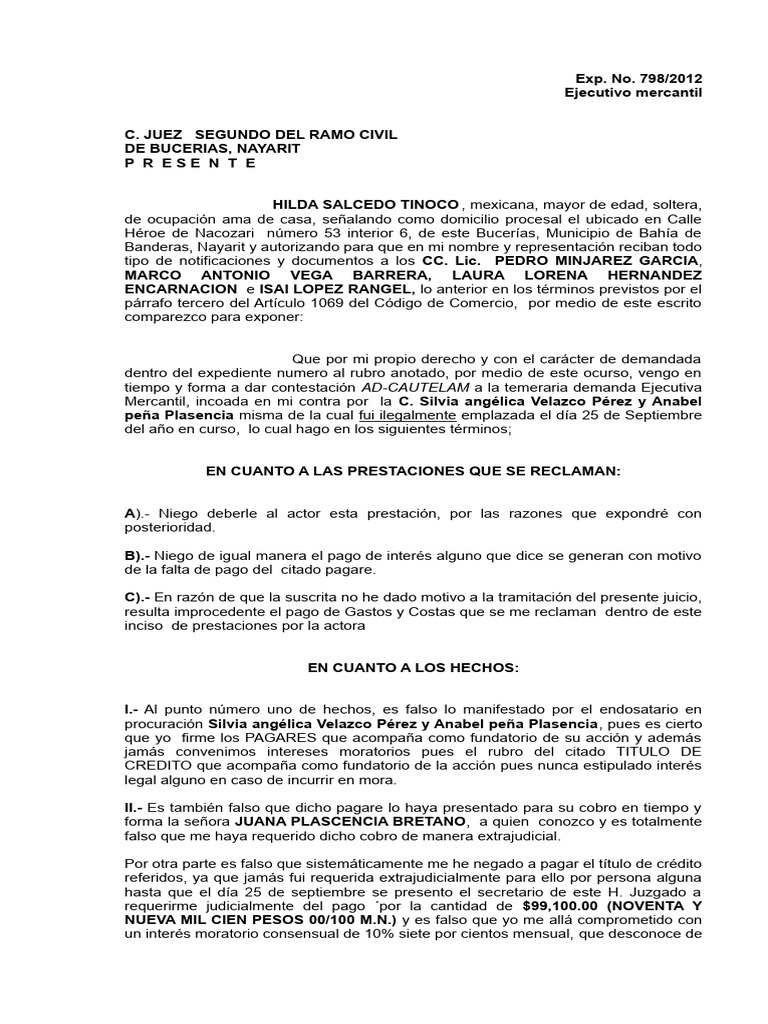 Contestacion Mercantil Hilda Salcedo Tinoco | PDF