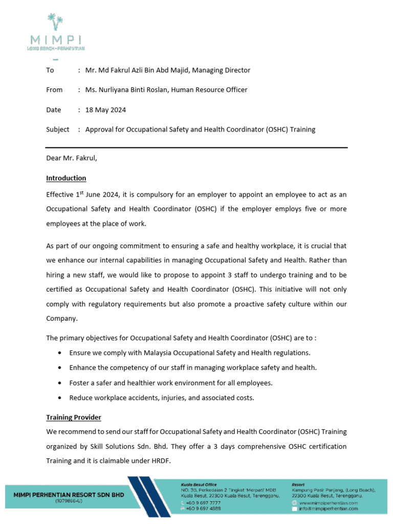 Proposal-Occupational Safety and Health Coordinator (OSHC) | PDF ...