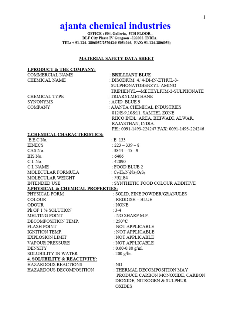 MSDS Ajanta Brilliant Blue | PDF | Water | Hazards