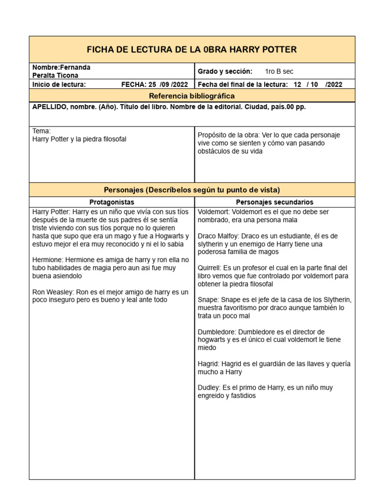 Ficha de Lectura de Harry Potter | PDF | Universos ficticios | Harry Potter