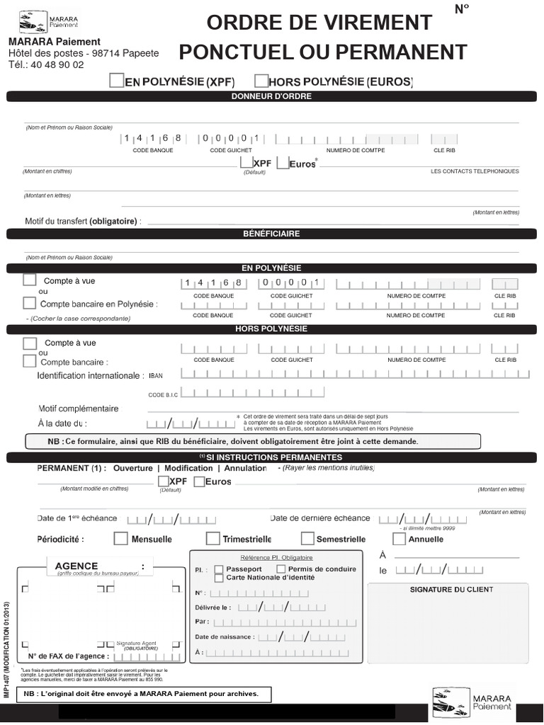 Formulaire d'Ordre de Virement Bancaire | PDF | Virement bancaire ...