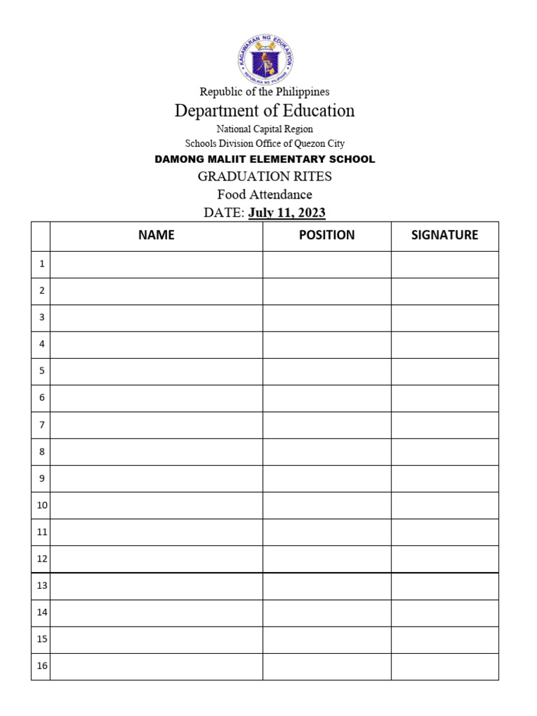 Damong Maliit Elementary Graduation Attendance | PDF