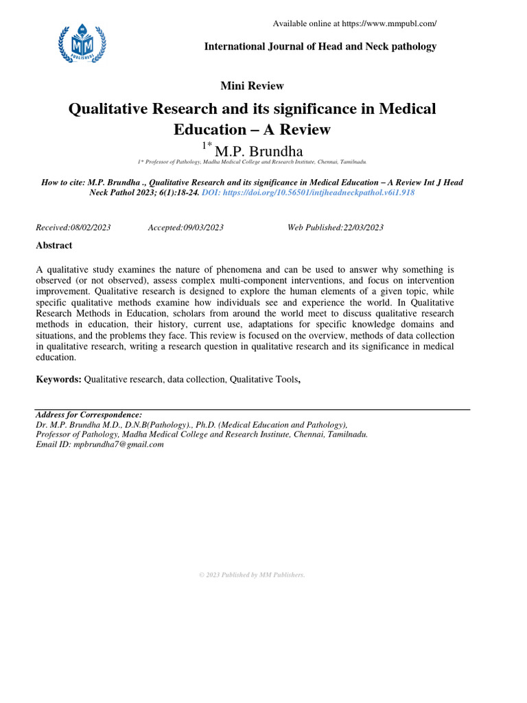 Qualitative Research and Its Significance in Medic | PDF | Qualitative ...