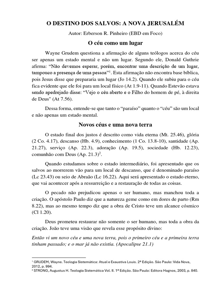 O Destino Dos Salvos - A Nova Jerusalém | PDF | Céu | Escatologia cristã