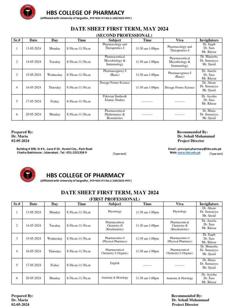 FIRST TERM Date Sheets First and Second Professionals | PDF ...