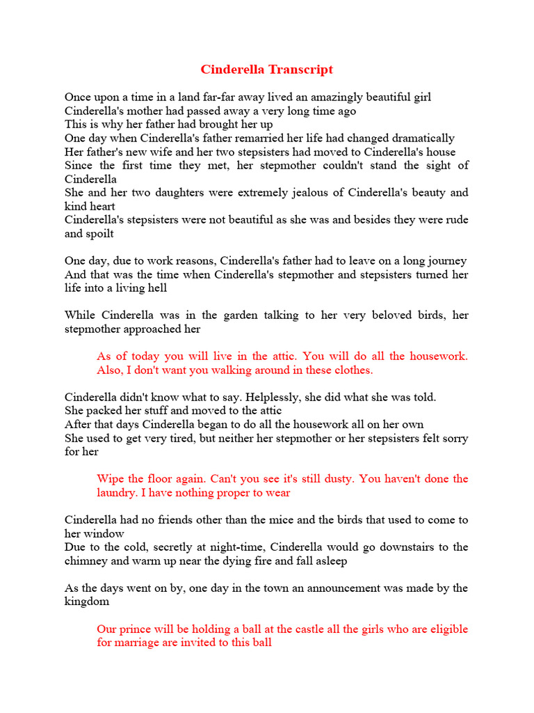 Cinderella Transcript - 052023 | PDF | Cinderella | Fairies