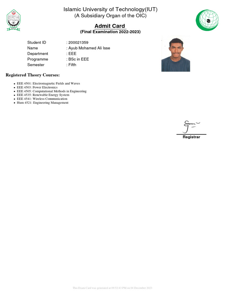 IUT Final Exam Admit Card 2023 | PDF