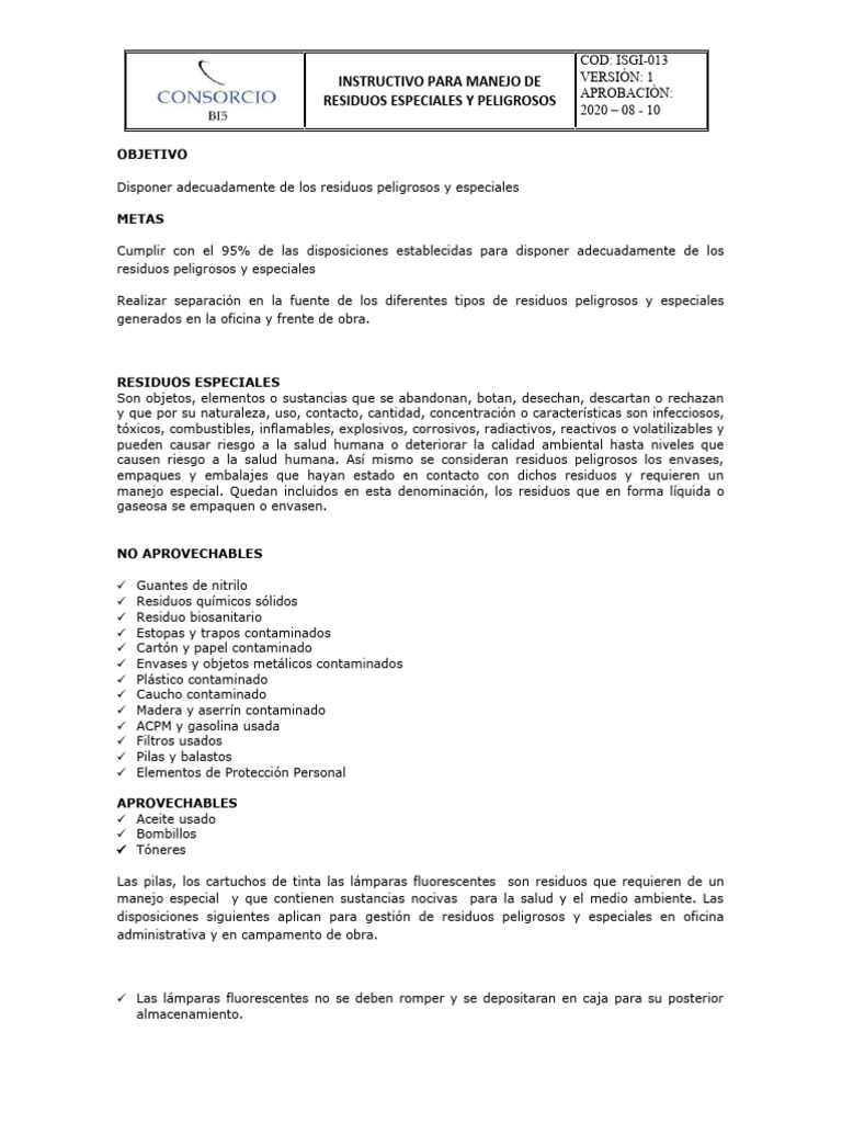 Isgi-11 Instructivo para Manejo de Residuos Especiales y Peligrosos ...