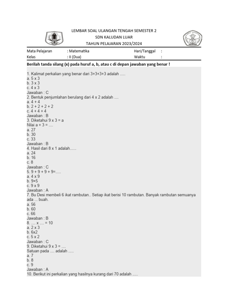 Soal Uts SMT 2 2024 Kls 2 | PDF