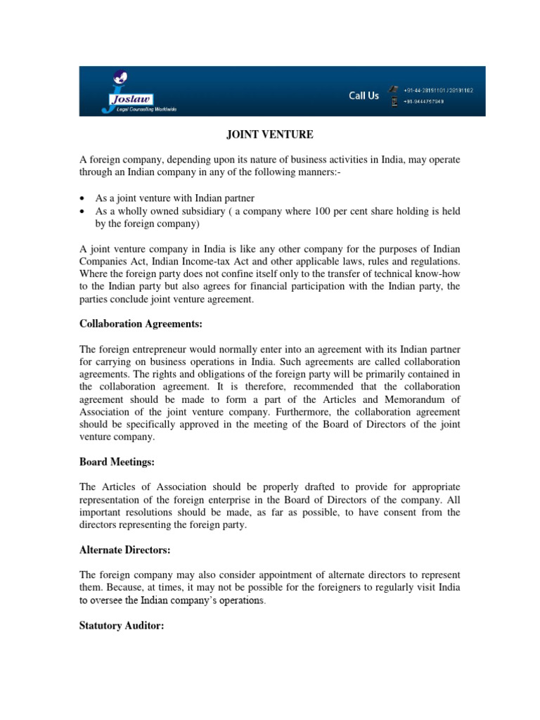 Foreign Joint Ventures in India Guide | PDF | Joint Venture | Foreign ...