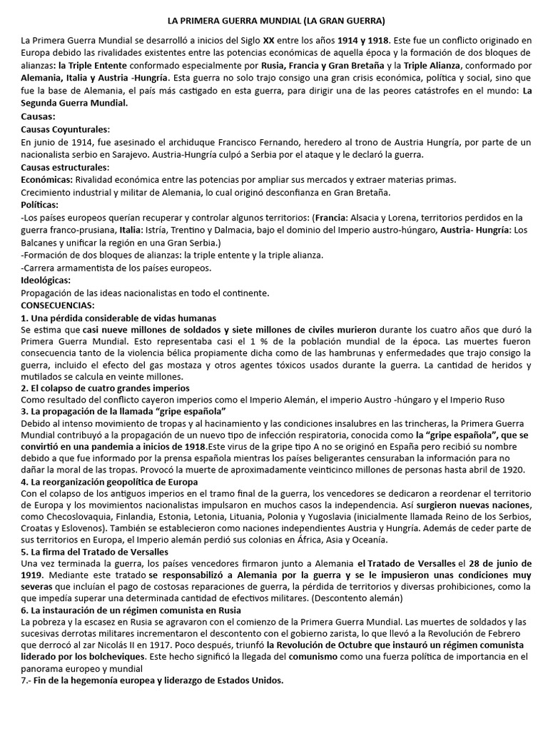 LA PRIMERA GUERRA MUNDIAL y EXAMEN | PDF | Primera Guerra Mundial ...