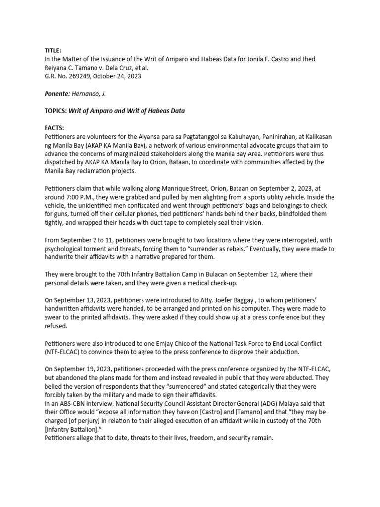 G.R. No. 269249, in The Matter of The Issuance of The Writ of Amparo ...