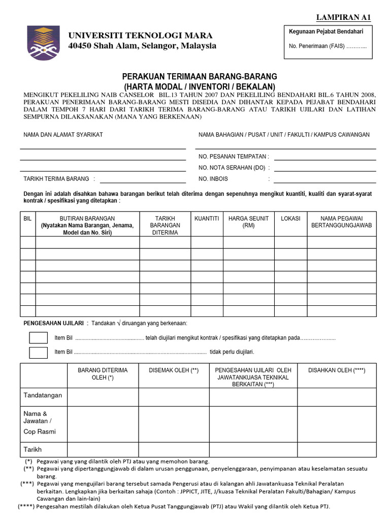 2-Lampiran A1 - Borang Perakuan Terimaan Barang GRN | PDF