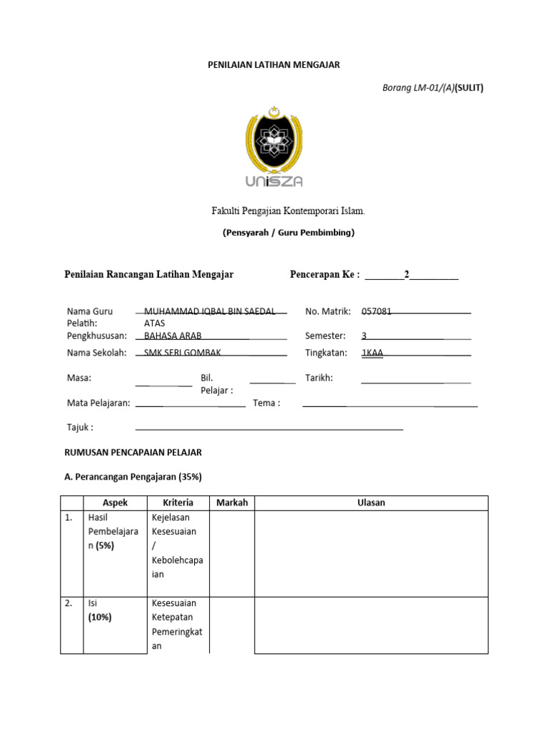 Borang Penilaian LM 01 (A) | PDF