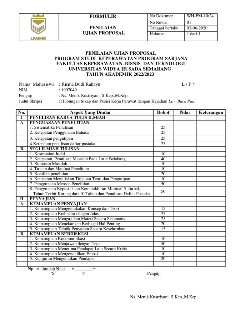FORM PENILAIAN SIDANG PROPOSAL | PDF