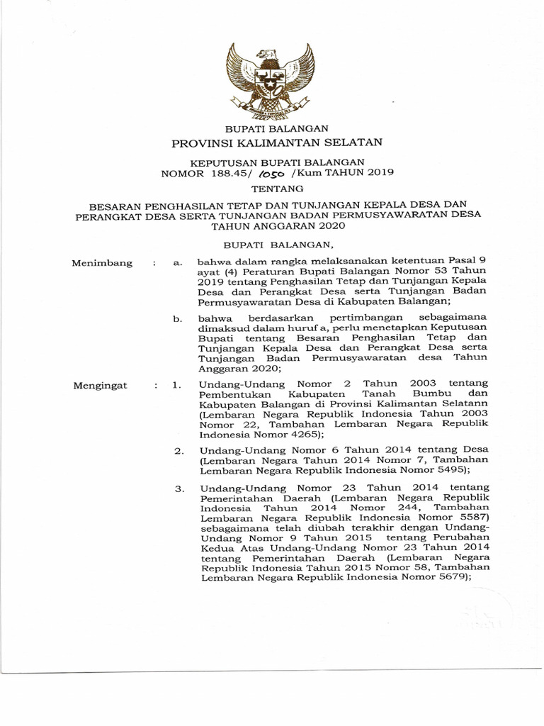 SK 1050 Besaran Siltap Dan Tunjangan Desa 2020 | PDF