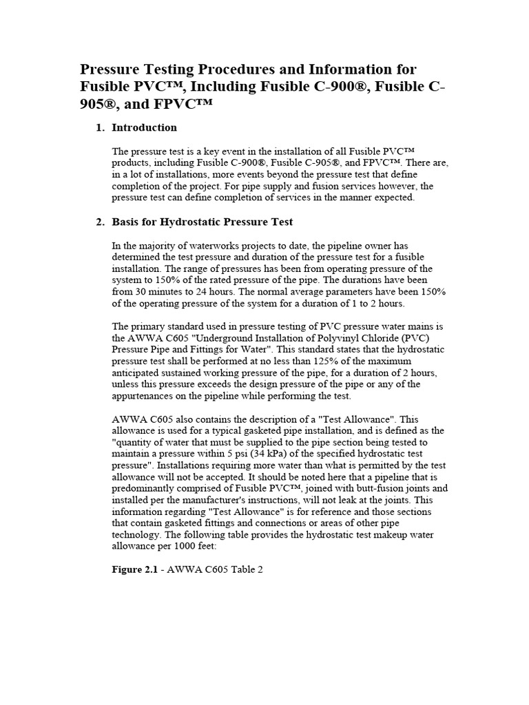 Pressure Testing Procedures and Information For Fusible PVC | PDF ...