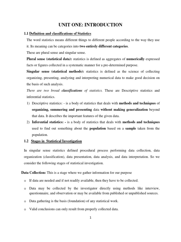 STATISTICS UNIT ONE | PDF | Statistics | Level Of Measurement
