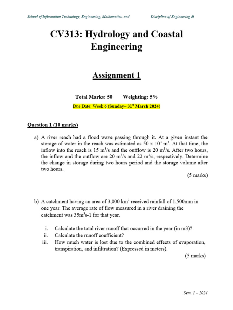 CV313 Assignment 1 - 2024 | PDF | Discharge (Hydrology) | Earth Sciences