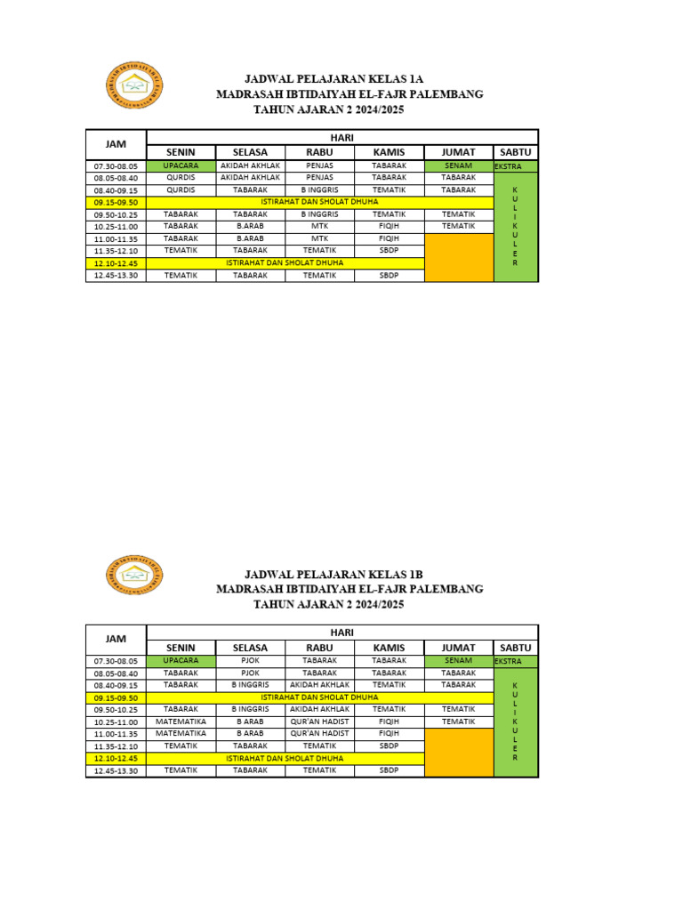 Jadwal Pelajaran Mi 2024 2025 Kls 1a Dan 1b Real | PDF