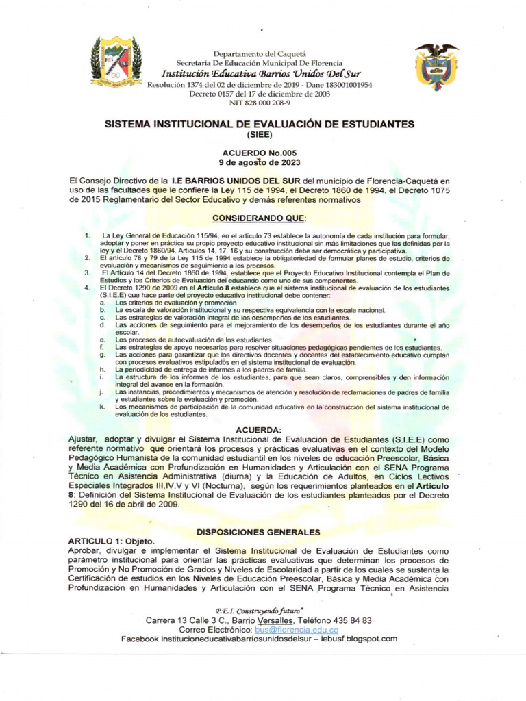 ACUERDO CD No.05 DE 09-08-23 SIEE IEBUS AÑO 2024 | PDF