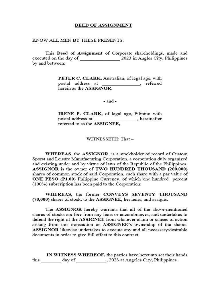 Deed of Assignment Sample | PDF | Assignment (Law) | Deed