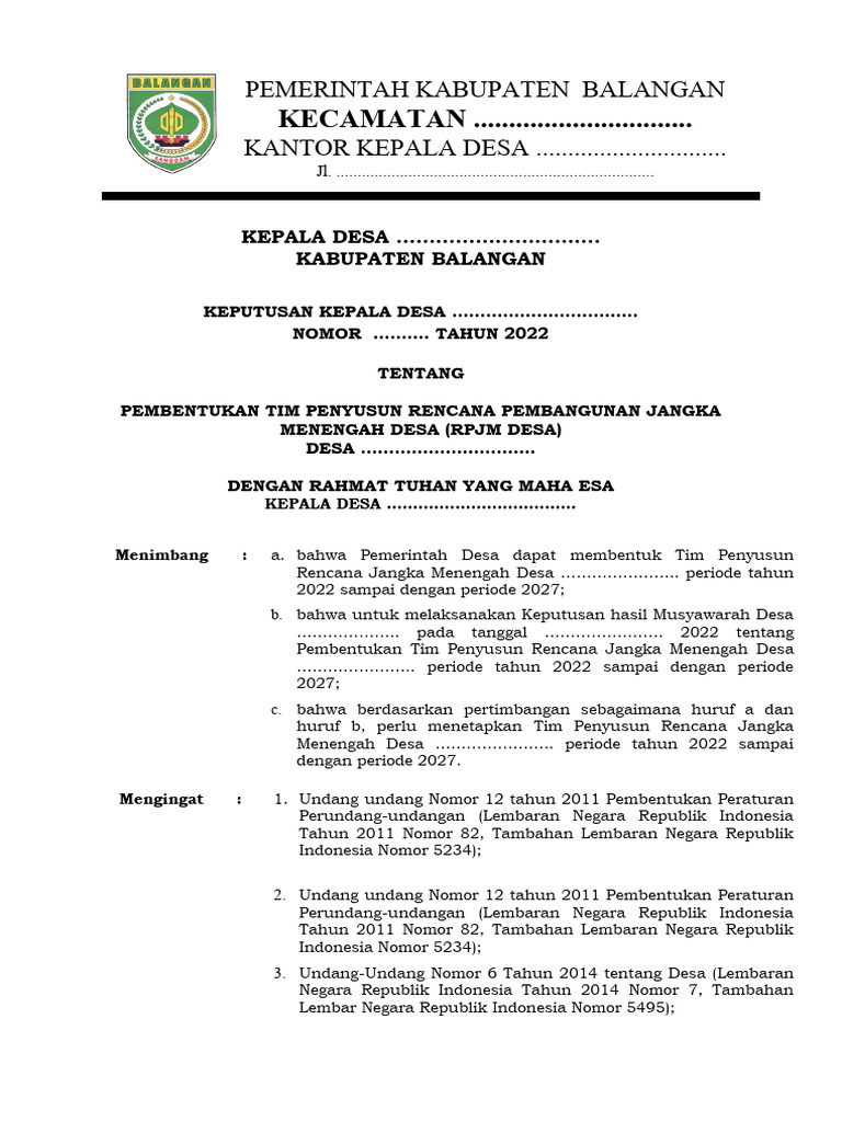 SK KEPALA DESA Tim Penyusun RPJM Desa | PDF