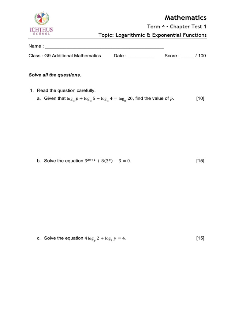 2023-2024 - Mathematics - g9 Additional Mathematics - Chapter Test-1 ...